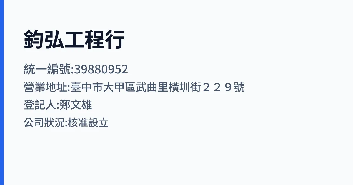 鈞弘工程行 - 統編 39880952(臺中市) 公司登記資料與營業項目詳細圖表