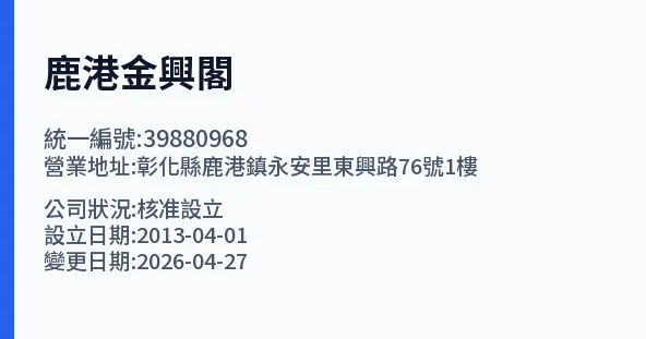 鹿港金興閣的照片-統編 39880968(彰化縣) 公司登記資料與營業項目詳細圖表