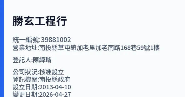 勝玄工程行的照片-統編 39881002(南投縣) 公司登記資料與營業項目詳細圖表
