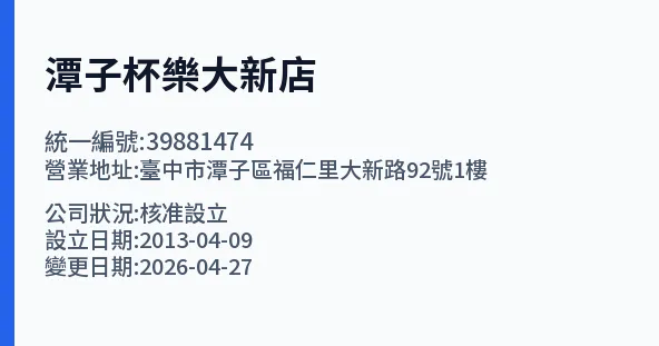 潭子杯樂大新店的照片-統編 39881474(臺中市) 公司登記資料與營業項目詳細圖表