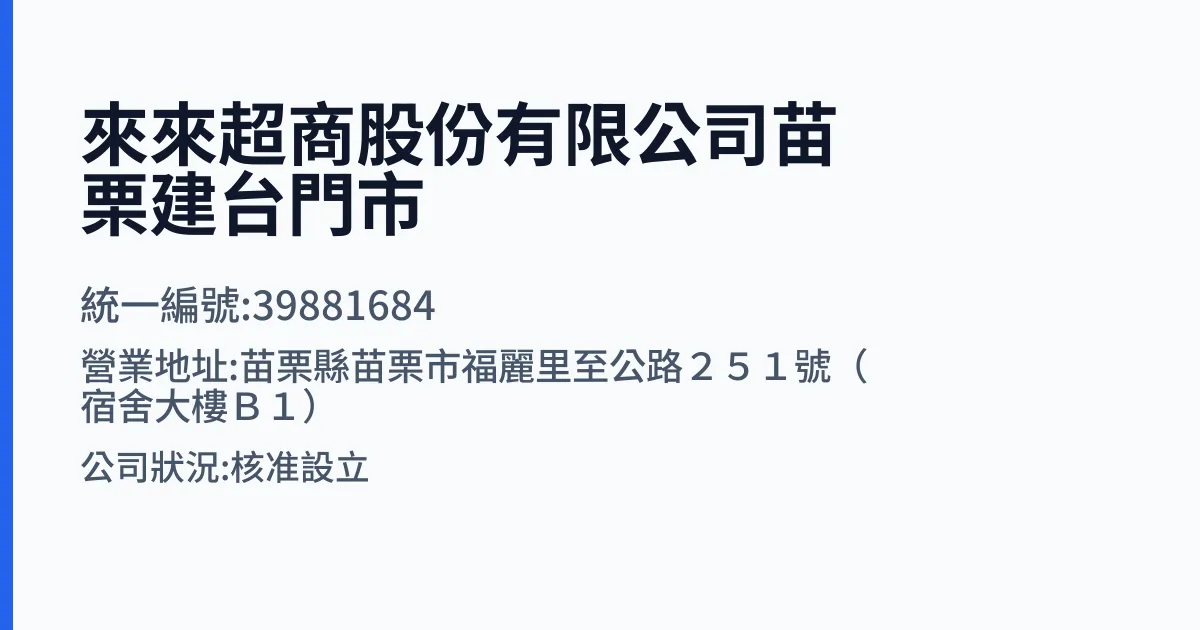 來來超商股份有限公司苗栗建台門市 - 統編 39881684（苗栗縣） 公司登記資料與營業項目詳細圖表