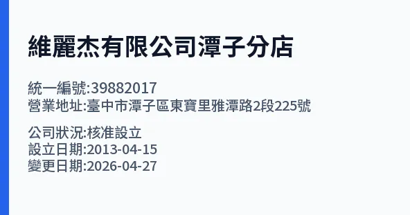 維麗杰有限公司潭子分店的照片-統編 39882017(臺中市) 公司登記資料與營業項目詳細圖表