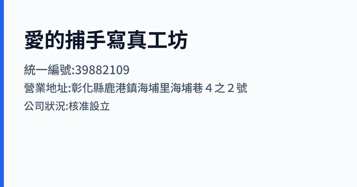 愛的捕手寫真工坊 - 統編 39882109(彰化縣) 公司登記資料與營業項目詳細圖表