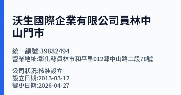 沃生國際企業有限公司員林中山門市的照片-統編 39882494(彰化縣) 公司登記資料與營業項目詳細圖表