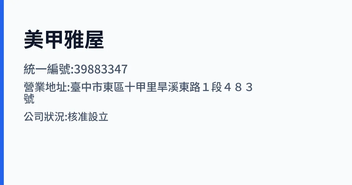 美甲雅屋 - 統編 39883347(臺中市) 公司登記資料與營業項目詳細圖表