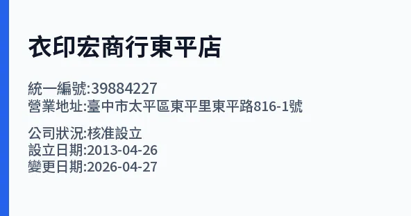 衣印宏商行東平店的照片-統編 39884227(臺中市) 公司登記資料與營業項目詳細圖表