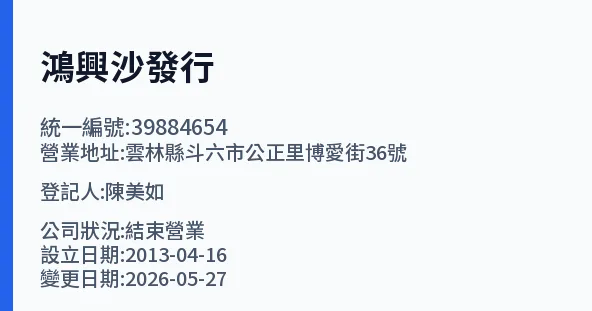 鴻興沙發行的照片-統編 39884654(雲林縣) 公司登記資料與營業項目詳細圖表