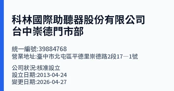 科林國際助聽器股份有限公司台中崇德門市部的照片-統編 39884768(臺中市) 公司登記資料與營業項目詳細圖表