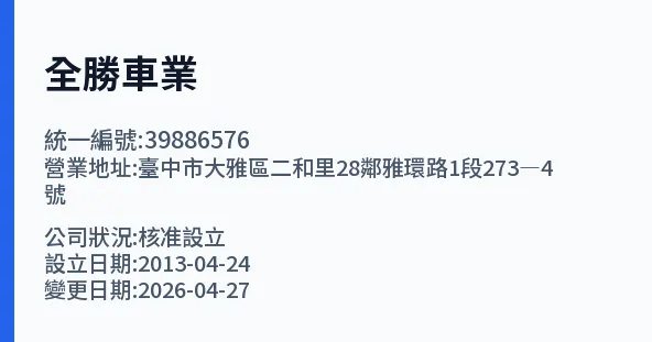 全勝車業的照片-統編 39886576(臺中市) 公司登記資料與營業項目詳細圖表