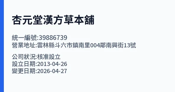杏元堂漢方草本舖的照片-統編 39886739(雲林縣) 公司登記資料與營業項目詳細圖表