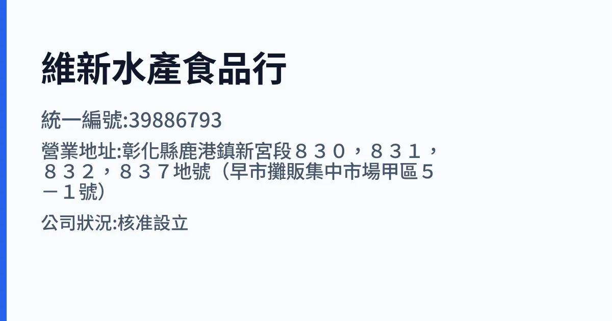 維新水產食品行 - 統編 39886793(彰化縣) 公司登記資料與營業項目詳細圖表