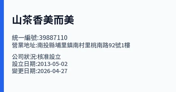 山茶香美而美的照片-統編 39887110(南投縣) 公司登記資料與營業項目詳細圖表