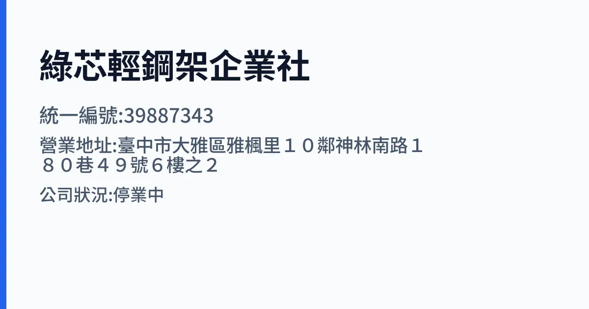 綠芯輕鋼架企業社 - 統編 39887343(臺中市) 公司登記資料與營業項目詳細圖表