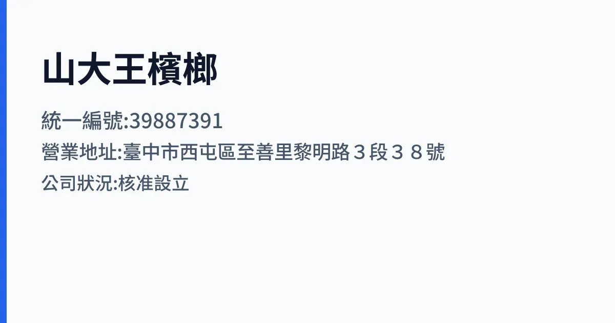 山大王檳榔 - 統編 39887391（臺中市） 公司登記資料與營業項目詳細圖表