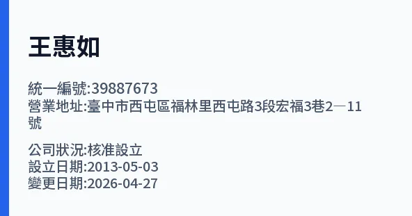 王惠如的照片-統編 39887673(臺中市) 公司登記資料與營業項目詳細圖表