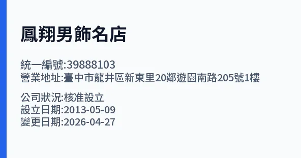 鳳翔男飾名店的照片-統編 39888103(臺中市) 公司登記資料與營業項目詳細圖表