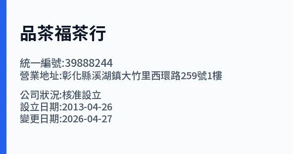 品茶福茶行的照片-統編 39888244(彰化縣) 公司登記資料與營業項目詳細圖表