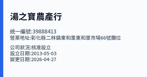 湯之寶農產行的照片-統編 39888413(彰化縣) 公司登記資料與營業項目詳細圖表