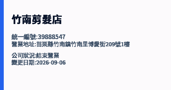 竹南剪髮店的照片-統編 39888547(苗栗縣) 公司登記資料與營業項目詳細圖表