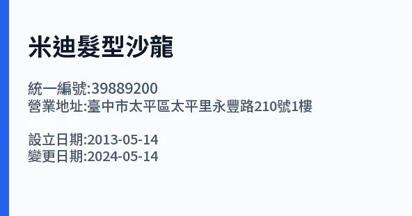米迪髮型沙龍的照片-統編 39889200(臺中市) 公司登記資料與營業項目詳細圖表