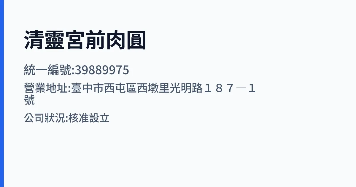 清靈宮前肉圓 - 統編 39889975(臺中市) 公司登記資料與營業項目詳細圖表
