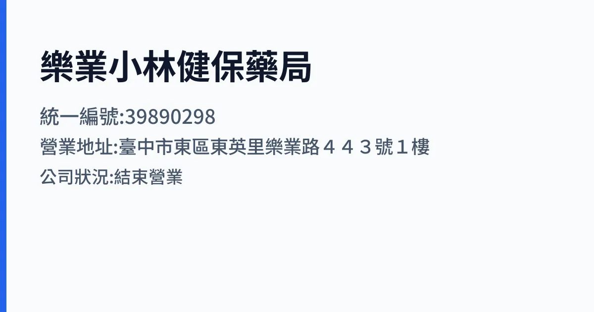 樂業小林健保藥局 - 統編 39890298(臺中市) 公司登記資料與營業項目詳細圖表