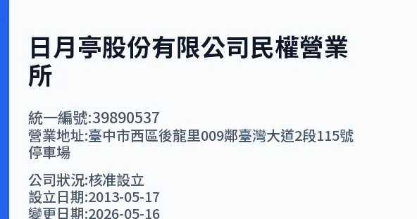 日月亭股份有限公司民權營業所的照片-統編 39890537(臺中市) 公司登記資料與營業項目詳細圖表