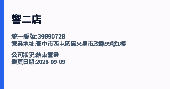響二店的照片-統編 39890728(臺中市) 公司登記資料與營業項目詳細圖表