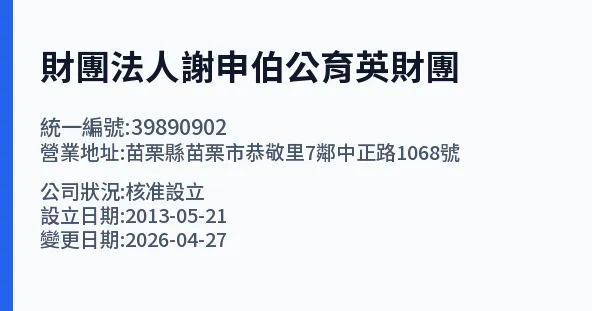 財團法人謝申伯公育英財團的照片-統編 39890902(苗栗縣) 公司登記資料與營業項目詳細圖表