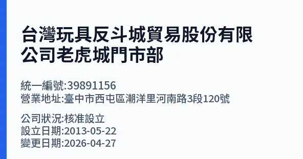 台灣玩具反斗城貿易股份有限公司老虎城門市部的照片-統編 39891156(臺中市) 公司登記資料與營業項目詳細圖表