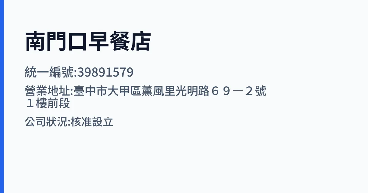 南門口早餐店 - 統編 39891579(臺中市) 公司登記資料與營業項目詳細圖表