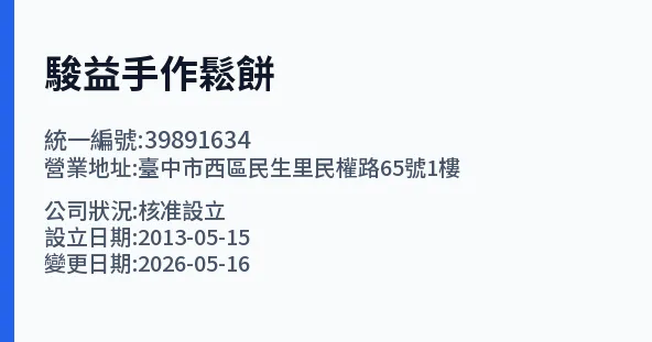 駿益手作鬆餅的照片-統編 39891634(臺中市) 公司登記資料與營業項目詳細圖表
