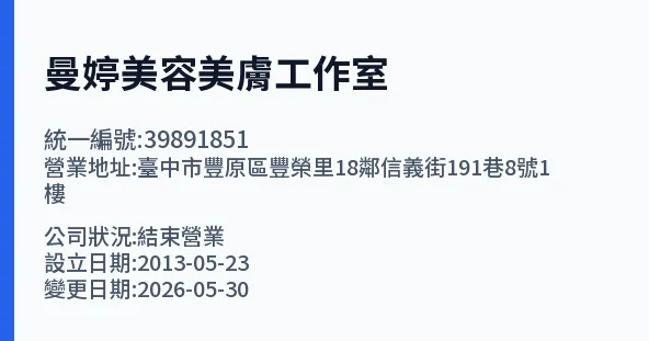 曼婷美容美膚工作室的照片-統編 39891851(臺中市) 公司登記資料與營業項目詳細圖表