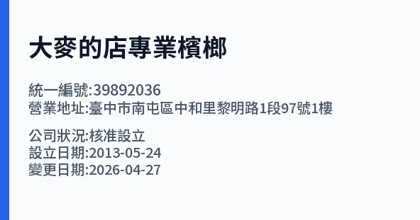大麥的店專業檳榔的照片-統編 39892036(臺中市) 公司登記資料與營業項目詳細圖表