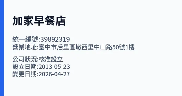 加家早餐店的照片-統編 39892319(臺中市) 公司登記資料與營業項目詳細圖表
