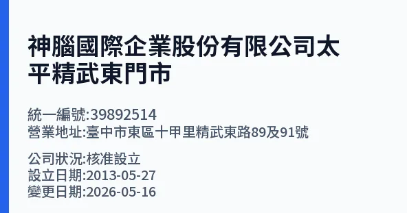 神腦國際企業股份有限公司太平精武東門市的照片-統編 39892514(臺中市) 公司登記資料與營業項目詳細圖表