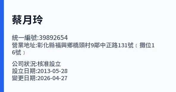 蔡月玲的照片-統編 39892654(彰化縣) 公司登記資料與營業項目詳細圖表