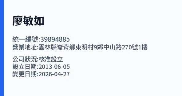 廖敏如的照片-統編 39894885(雲林縣) 公司登記資料與營業項目詳細圖表