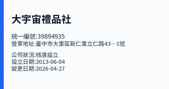 大宇宙禮品社的照片-統編 39894935(臺中市) 公司登記資料與營業項目詳細圖表