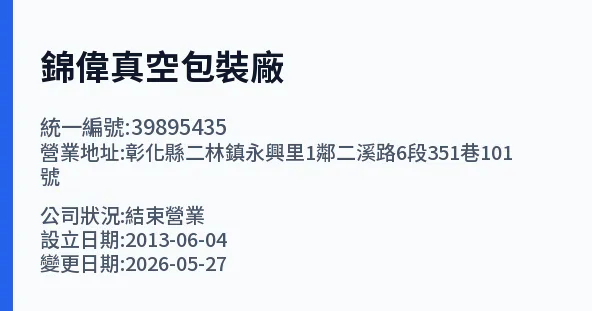 錦偉真空包裝廠的照片-統編 39895435(彰化縣) 公司登記資料與營業項目詳細圖表