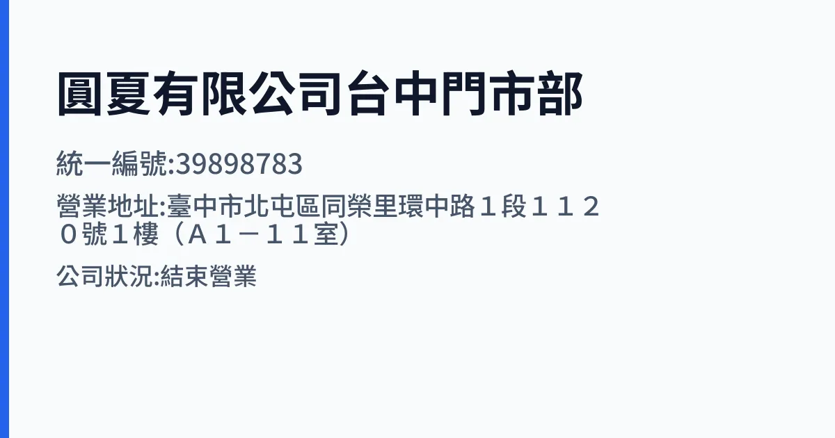 圓夏有限公司台中門市部 - 統編 39898783(臺中市) 公司登記資料與營業項目詳細圖表