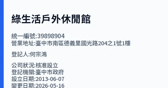 綠生活戶外休閒館的照片-統編 39898904(臺中市) 公司登記資料與營業項目詳細圖表