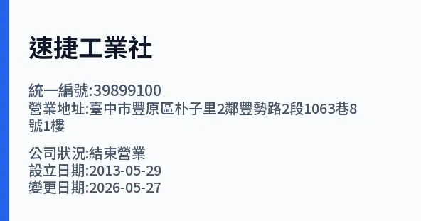 速捷工業社的照片-統編 39899100(臺中市) 公司登記資料與營業項目詳細圖表