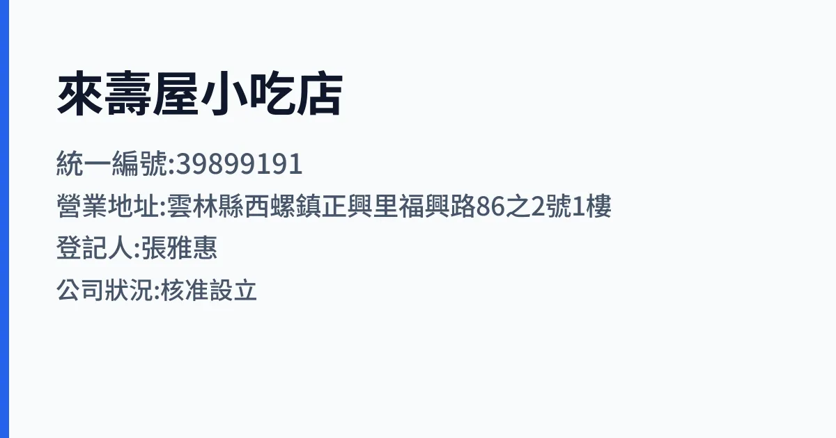 來壽屋小吃店 - 統編 39899191(雲林縣) 公司登記資料與營業項目詳細圖表