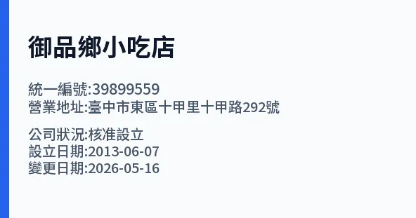 御品鄉小吃店的照片-統編 39899559(臺中市) 公司登記資料與營業項目詳細圖表