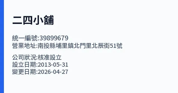 二四小舖的照片-統編 39899679(南投縣) 公司登記資料與營業項目詳細圖表