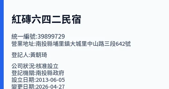 紅磚六四二民宿的照片-統編 39899729(南投縣) 公司登記資料與營業項目詳細圖表