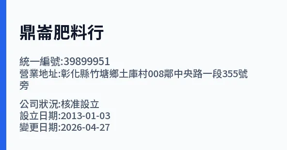 鼎崙肥料行的照片-統編 39899951(彰化縣) 公司登記資料與營業項目詳細圖表