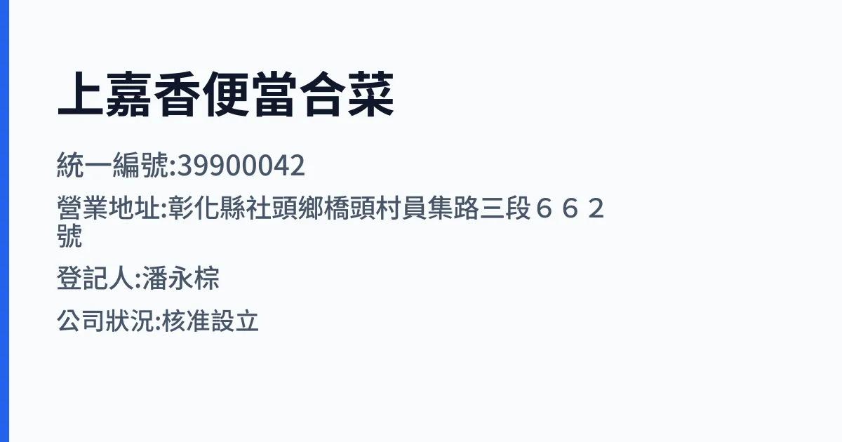 上嘉香便當合菜 - 統編 39900042(彰化縣) 公司登記資料與營業項目詳細圖表