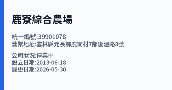 鹿寮綜合農場的照片-統編 39901078(雲林縣) 公司登記資料與營業項目詳細圖表